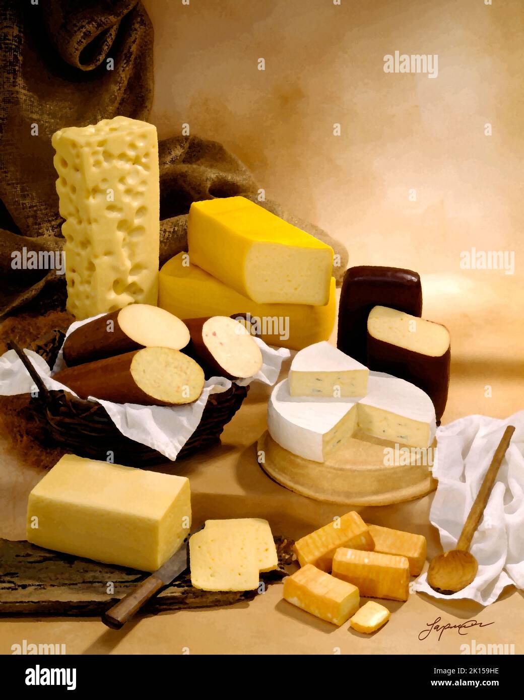 German Cheeses in group color photograph, painterly filter applied. Tan ...