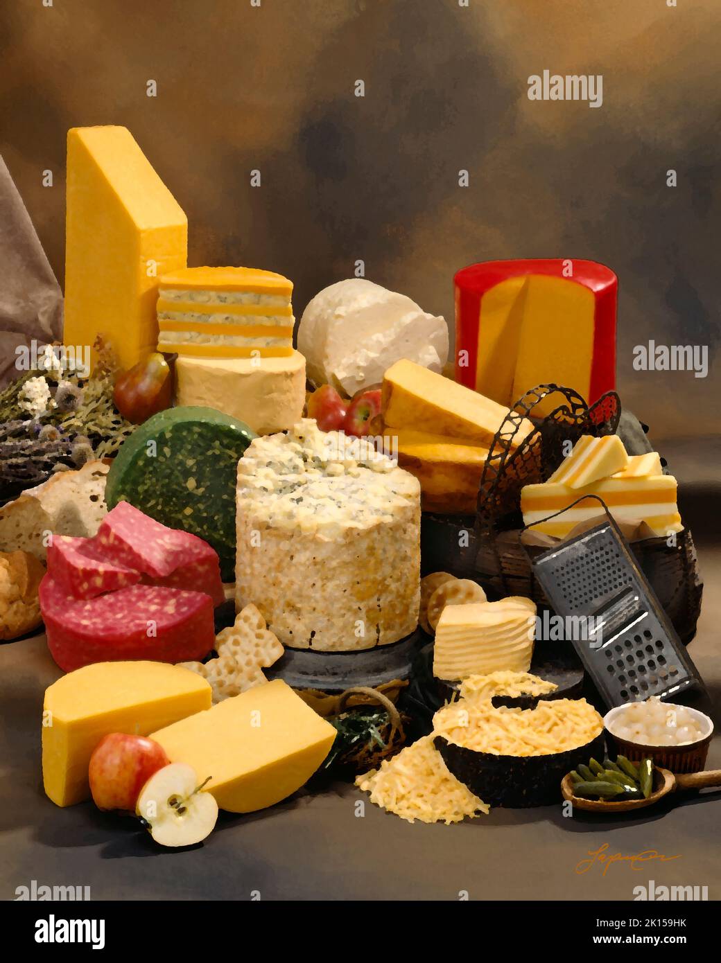 English cheeses in group color photograph on warm toned mottled ...