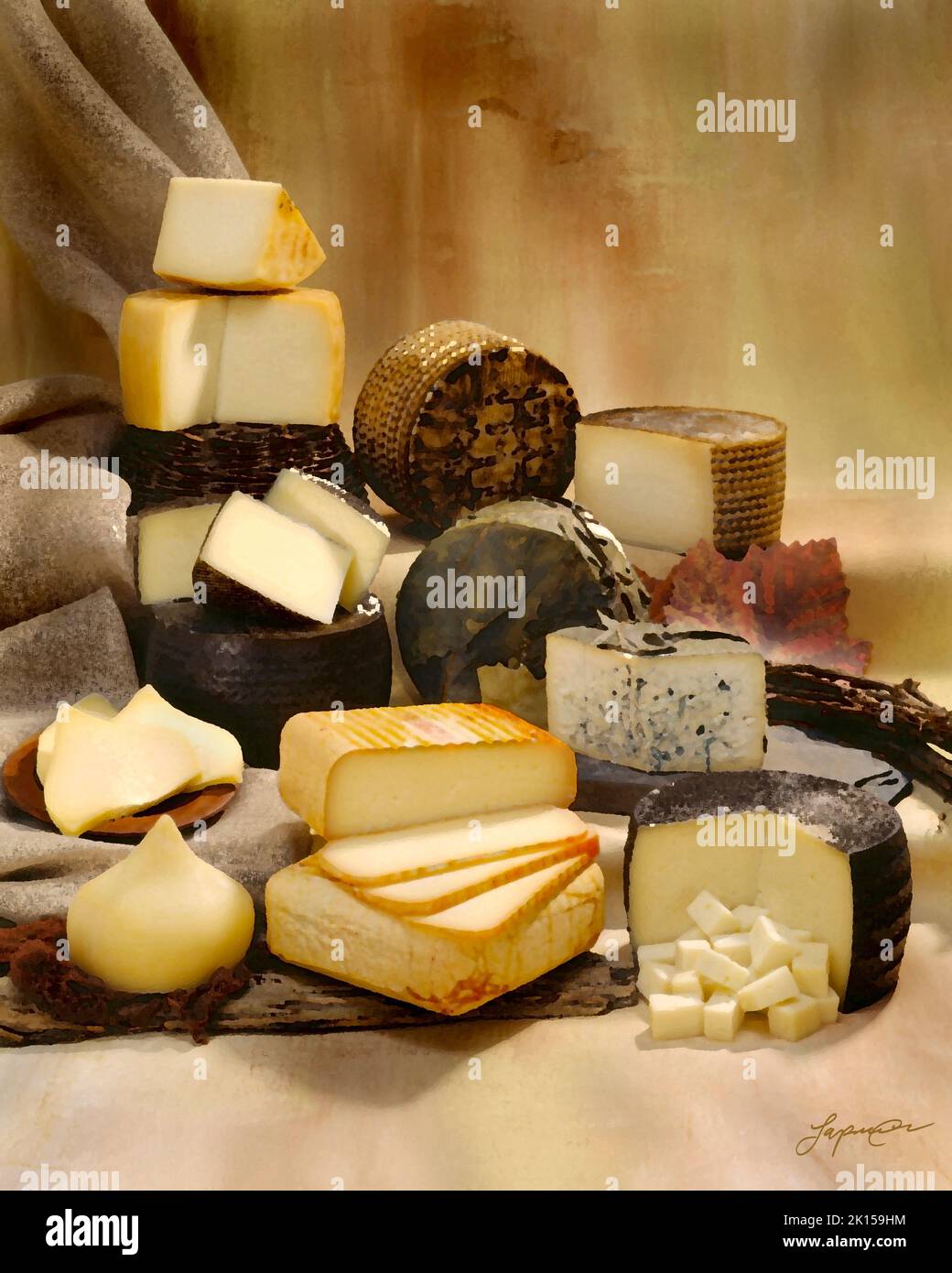Painterly image of Spanish Cheeses in group color photograph on tan ...