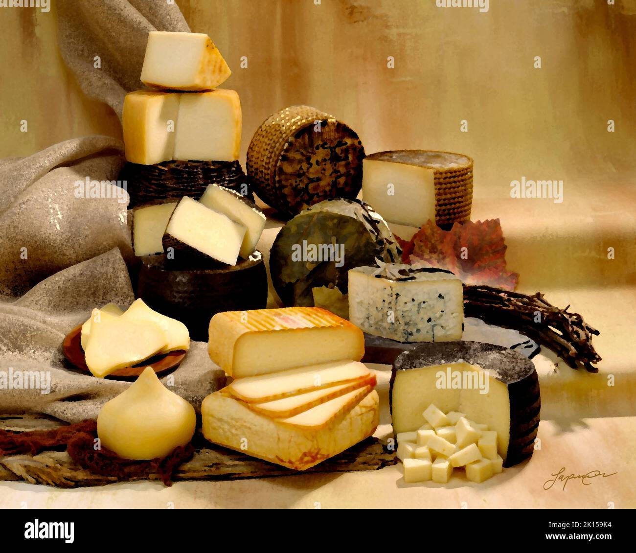 Painterly image of Spanish Cheeses in group color photograph on tan ...