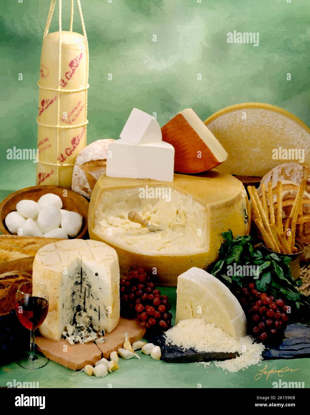 Italian Cheeses in group color photograph, painterly filter applied ...