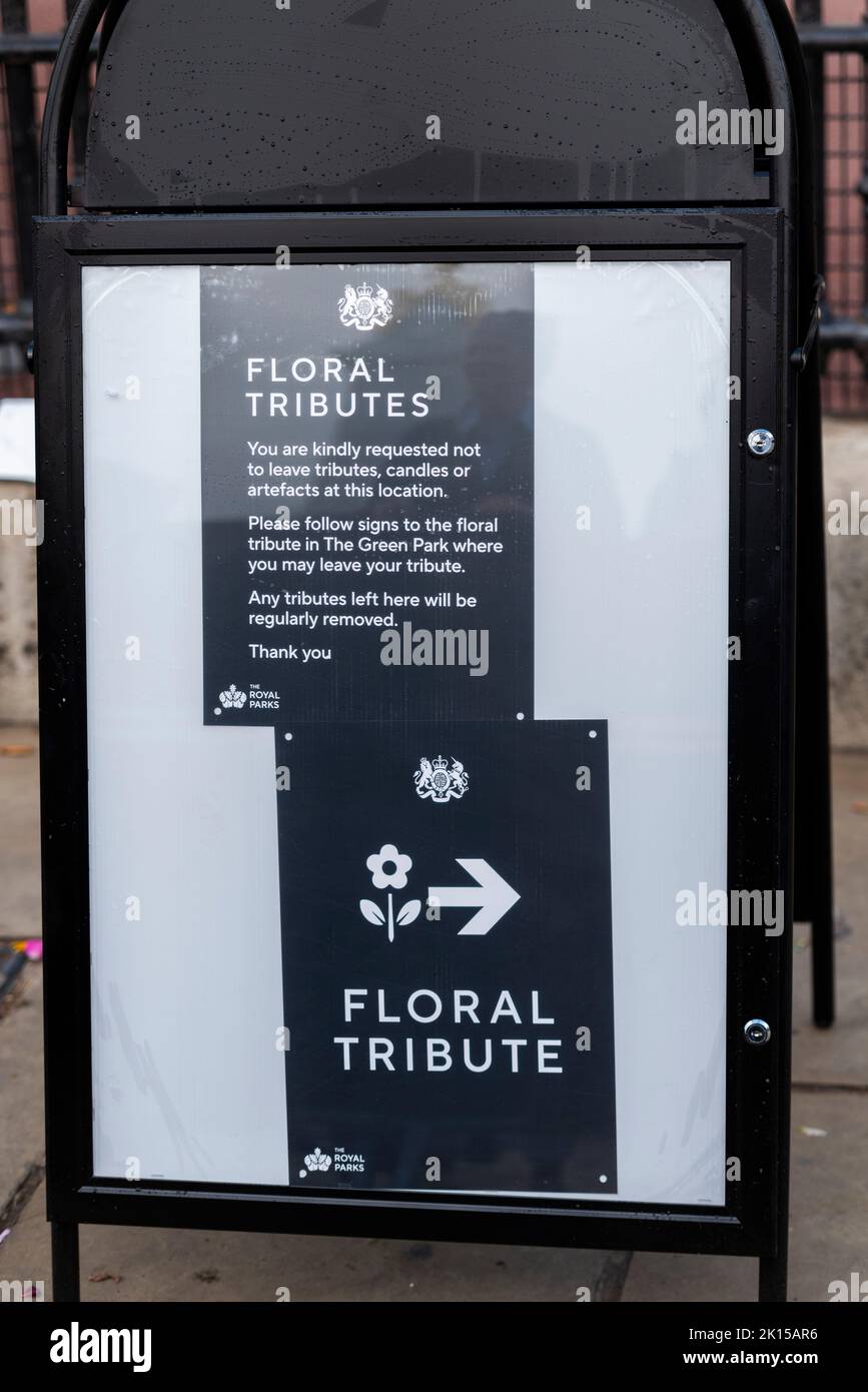 Flowers and messages left outside Buckingham Palace following the death of Queen Elizabeth II ...