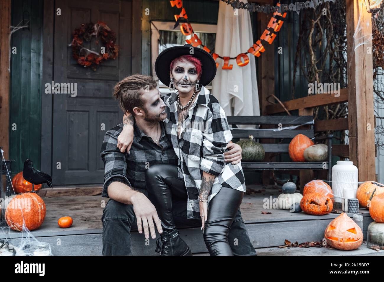 Scary love family couple man,woman celebrating halloween.Terrifying ...