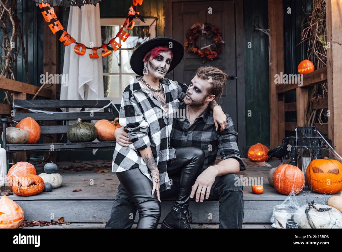 Scary love family couple man,woman celebrating halloween.Terrifying ...