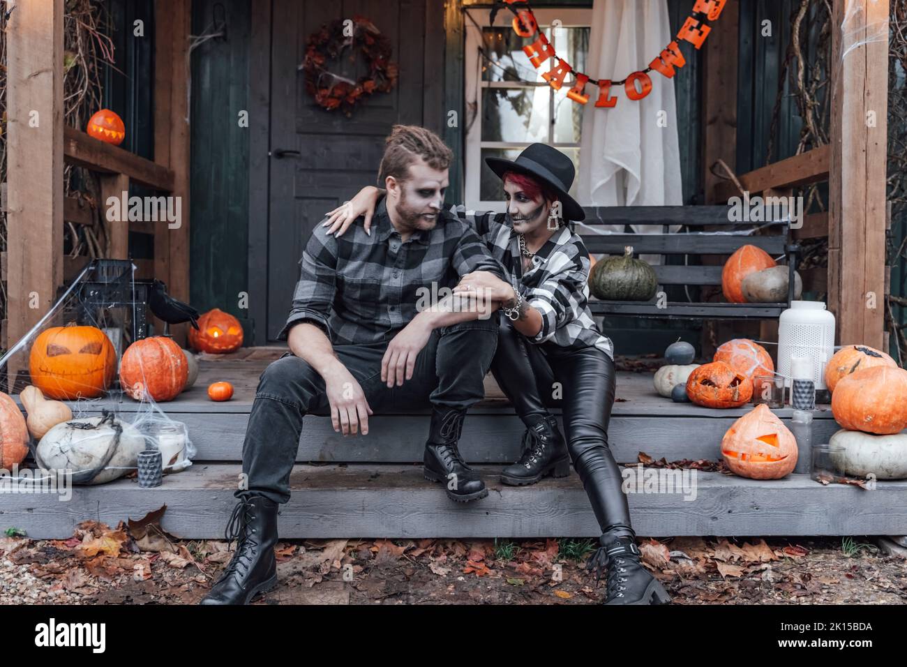 Scary love family couple man,woman celebrating halloween.Terrifying ...