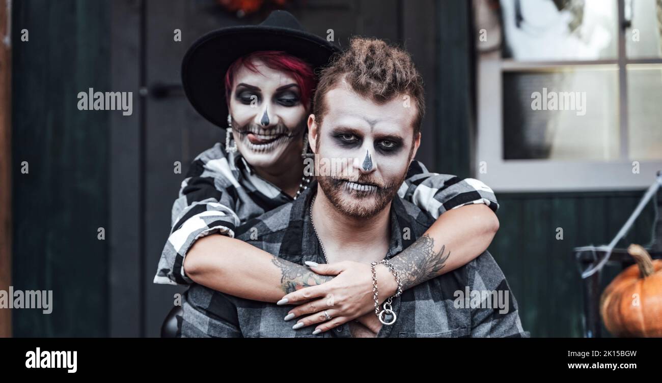 Scary love romantic family couple man,woman celebrating halloween ...