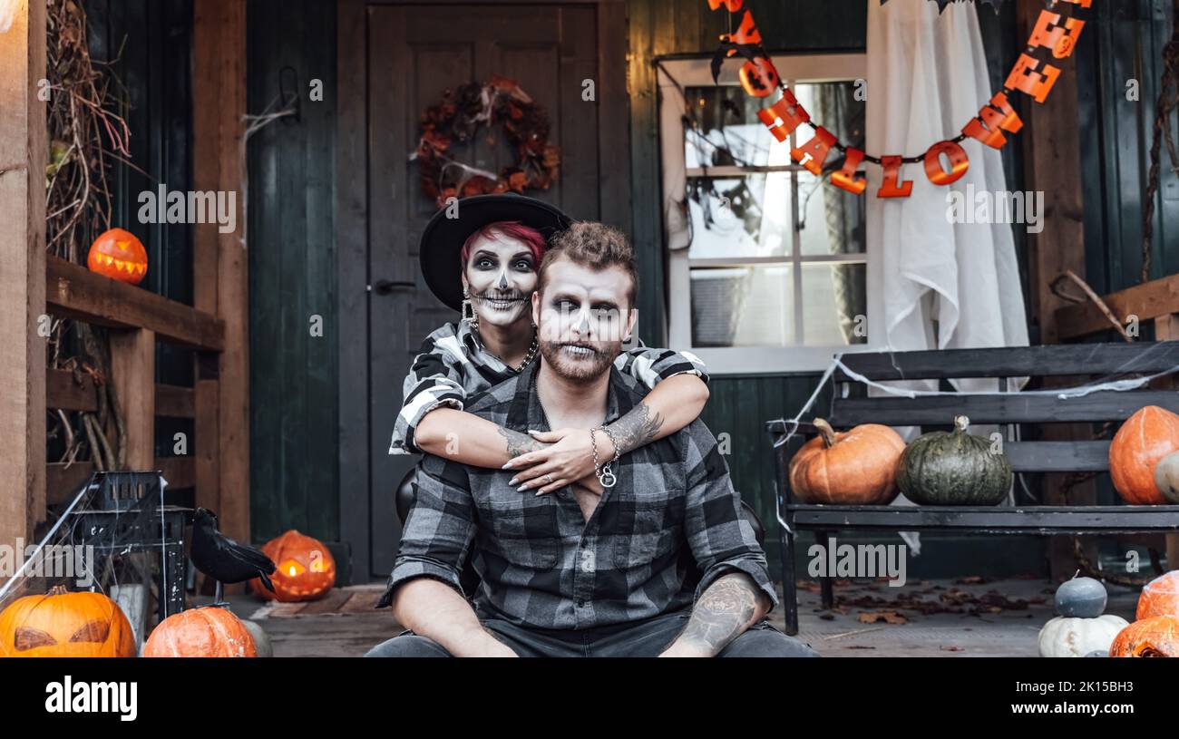 Scary love family couple man,woman celebrating halloween.Terrifying ...