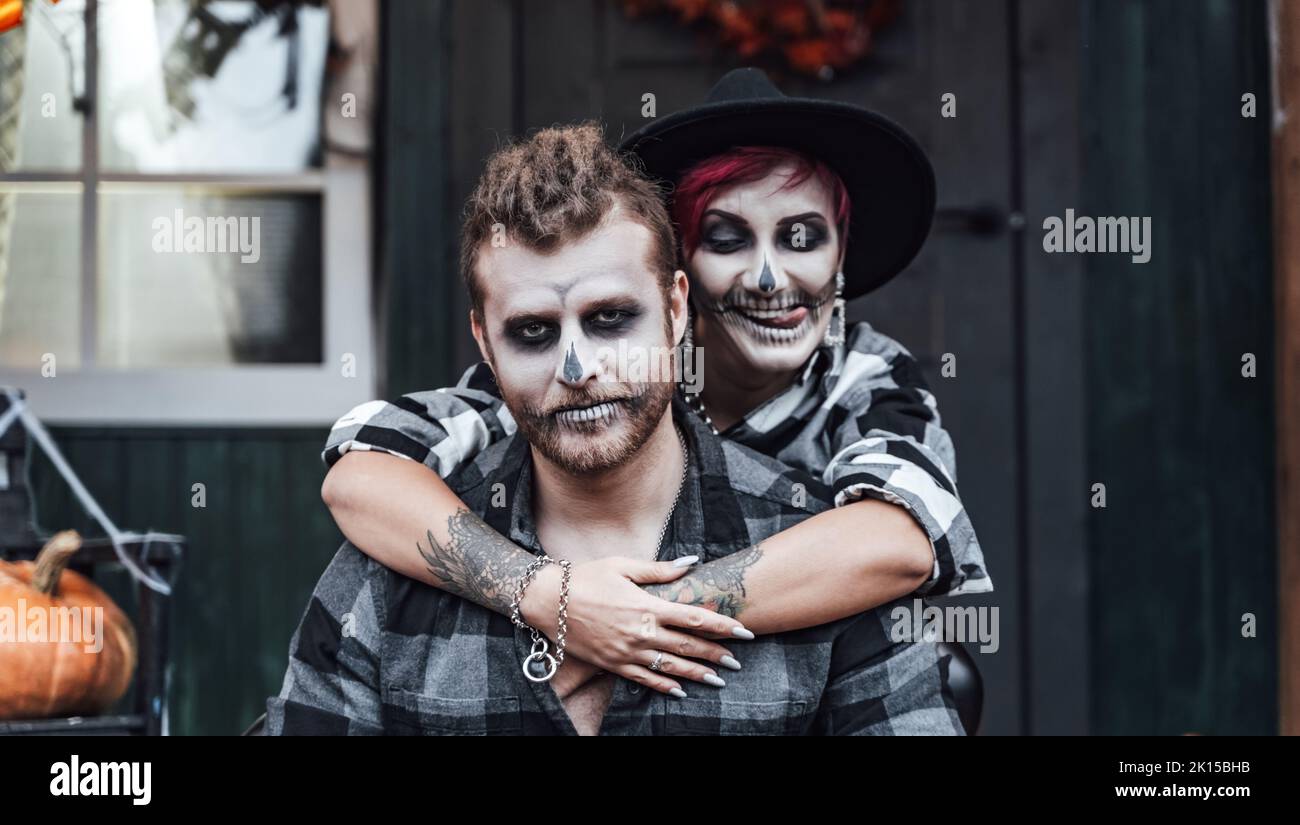 Scary love romantic family couple man,woman celebrating halloween ...