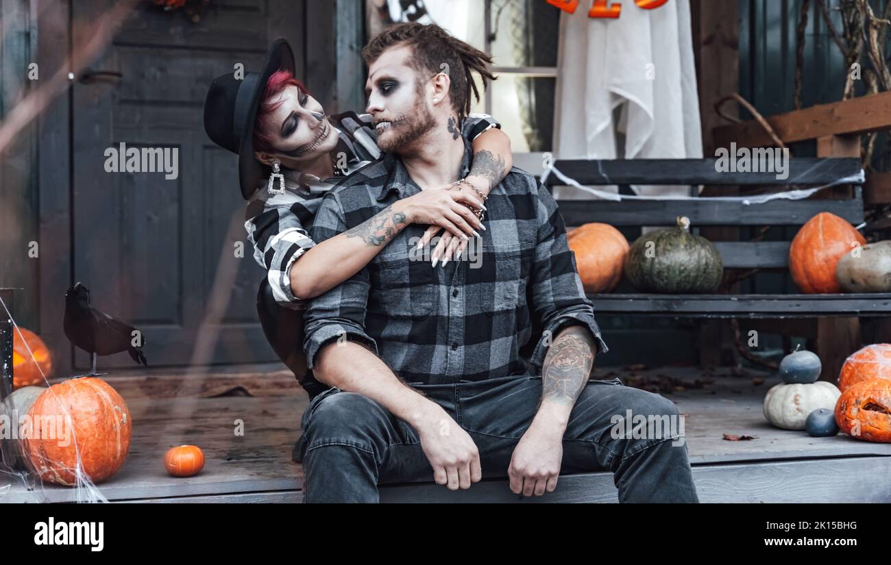 Scary love family couple man,woman celebrating halloween.Terrifying ...