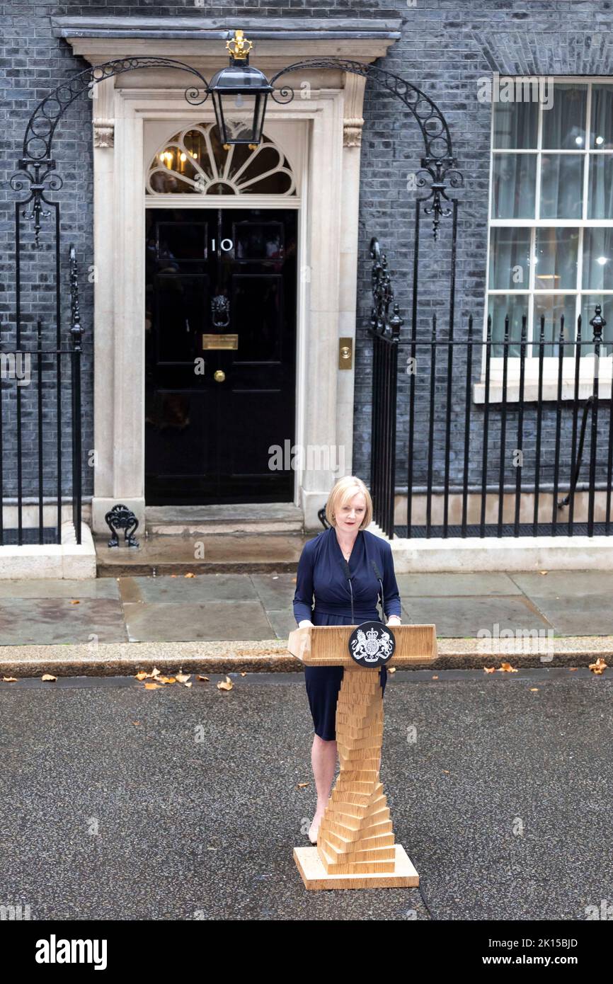Newly elected Tory leader and British Prime Minister Liz Truss delivers ...
