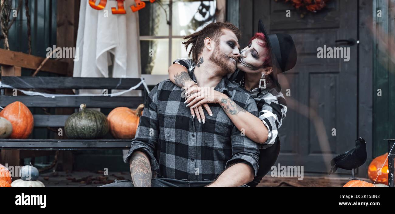 Scary love family couple man,woman celebrating halloween.Terrifying ...