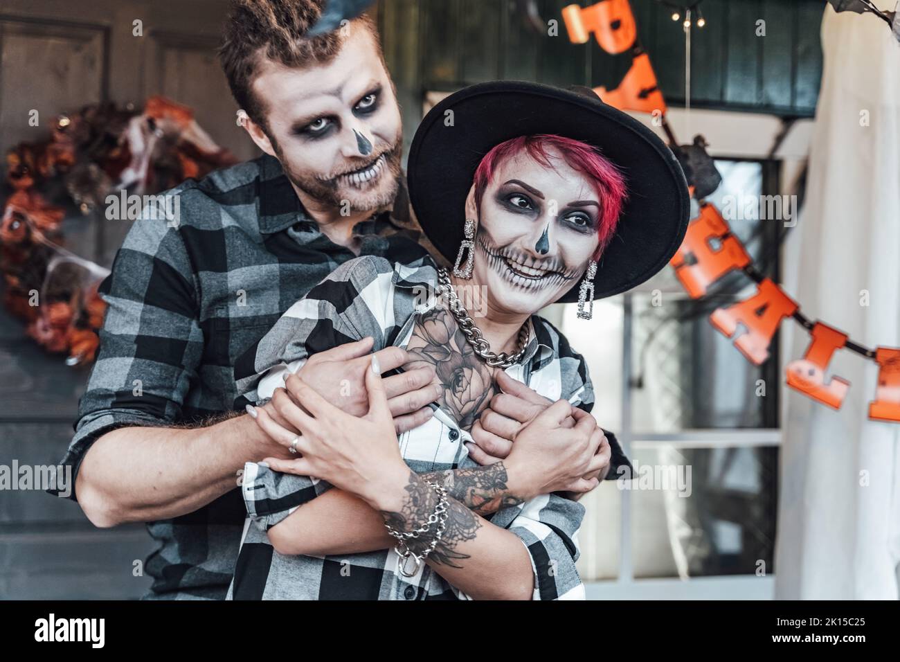 Scary love romantic family couple man,woman celebrating halloween ...