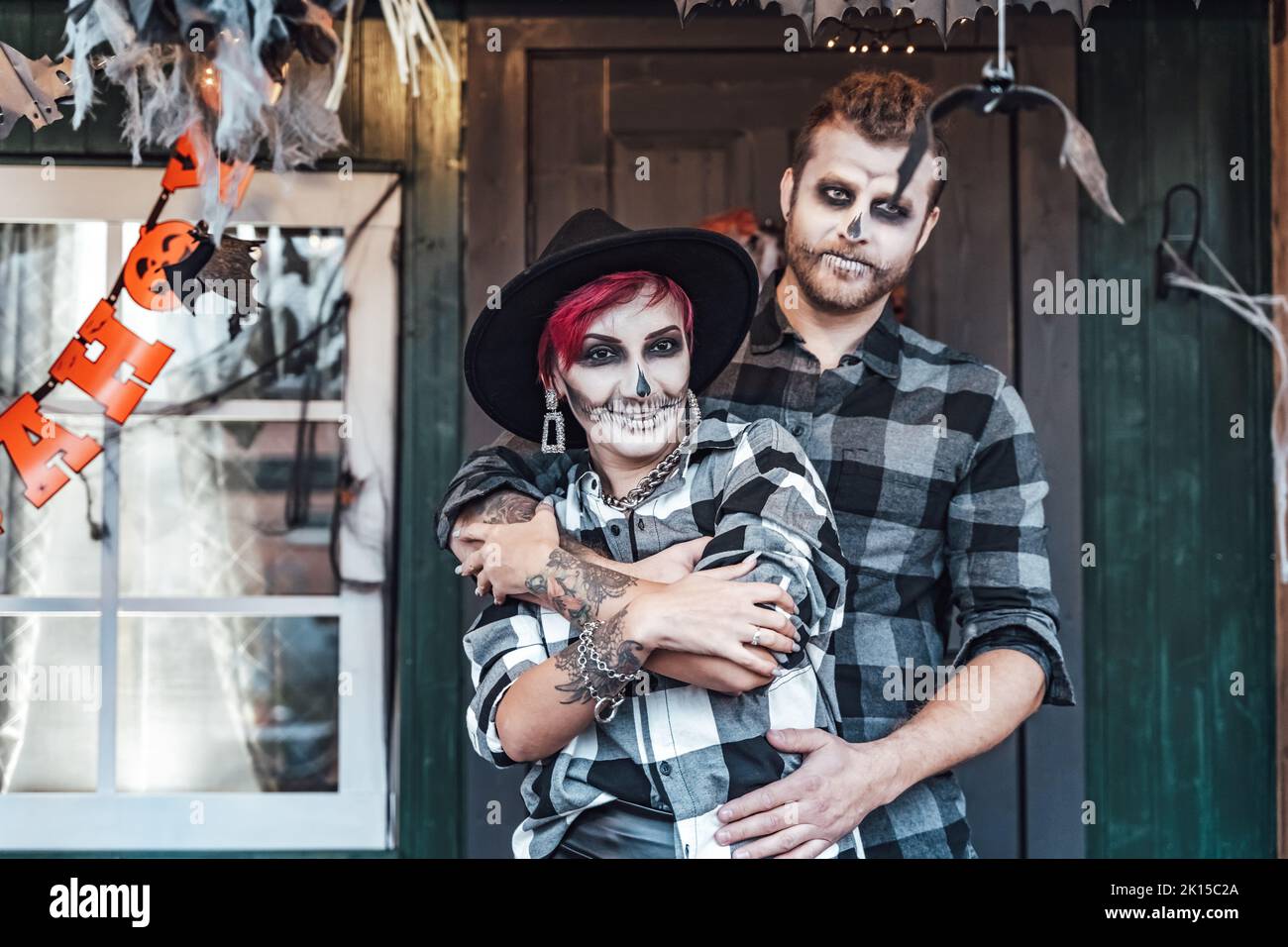 Scary love romantic family couple man,woman celebrating halloween ...