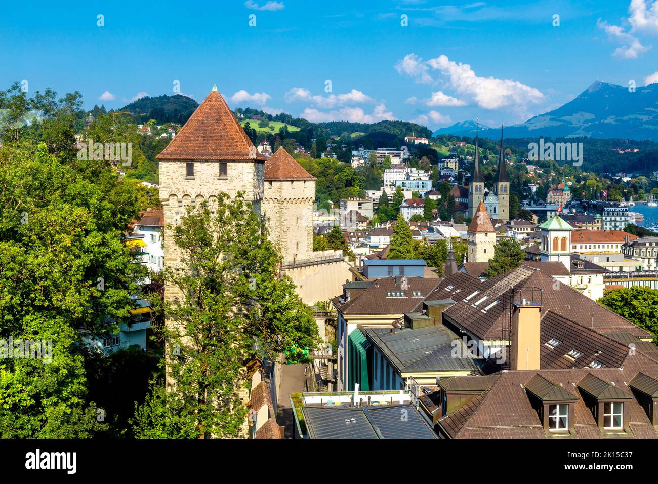 Musegg Wall towers and view over the city, Lucerne, Switzerland Stock ...