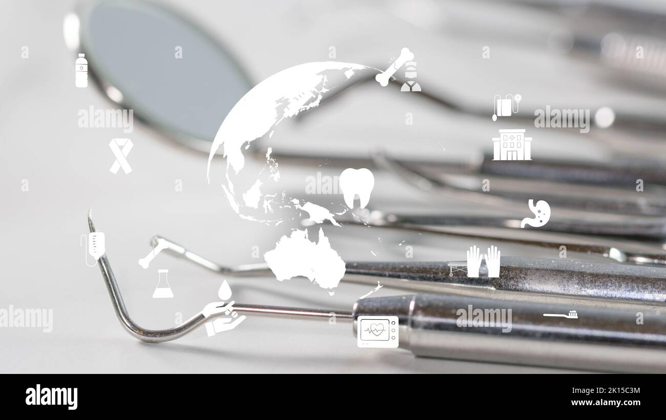 set of dentist tools on white background Stock Photo - Alamy