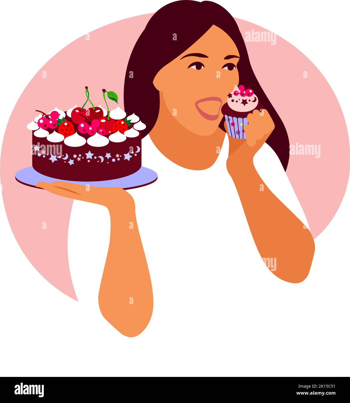 Happy woman going to eat delicious cupcake. Flat cartoon vector ...