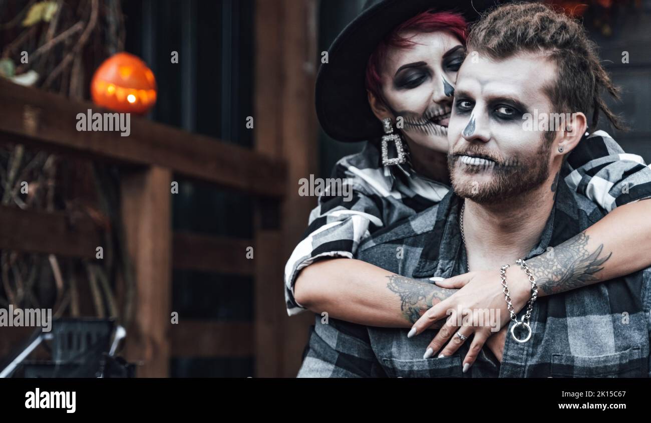 Scary love romantic family couple man,woman celebrating halloween ...