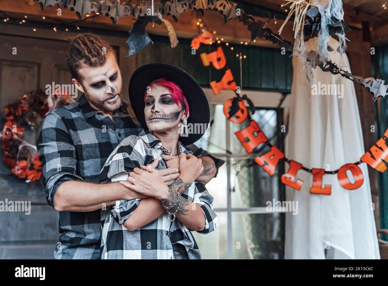 Scary love romantic family couple man,woman celebrating halloween ...