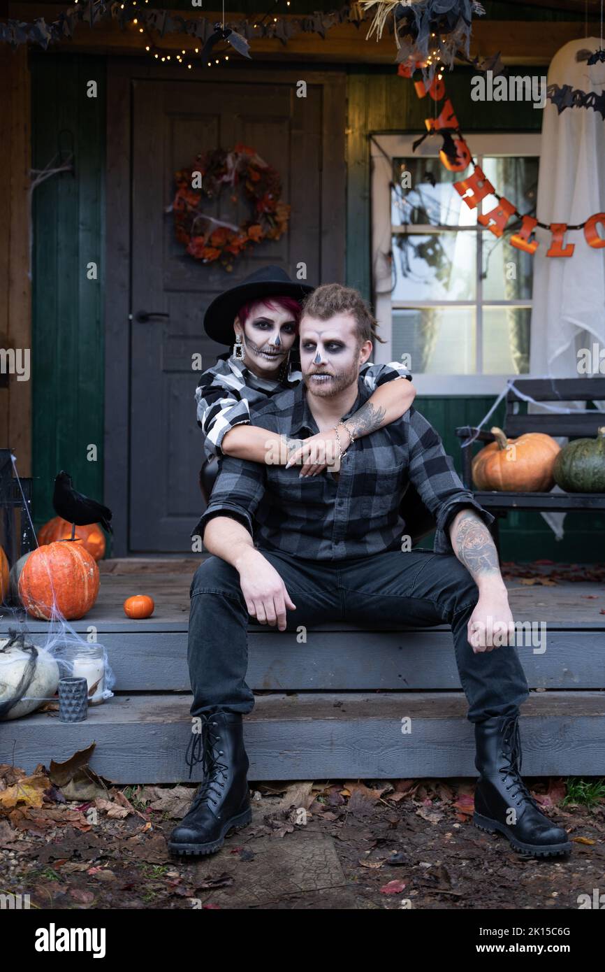Scary love family couple man,woman celebrating halloween.Terrifying ...