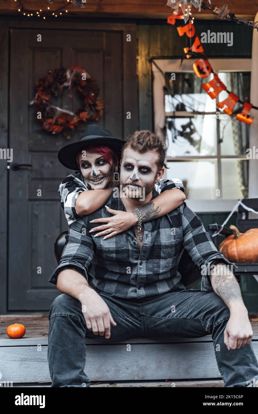 Scary love family couple man,woman celebrating halloween.Terrifying ...