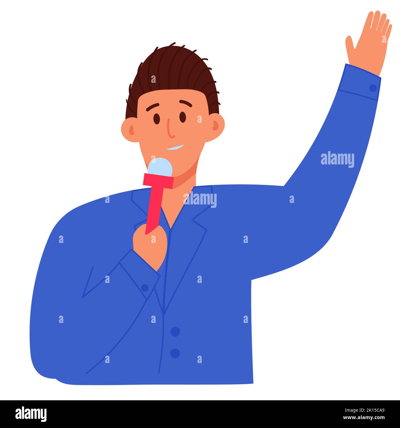 Reporter man with a microphone gives an interview. Broadcast journalist icon isolated on white ...