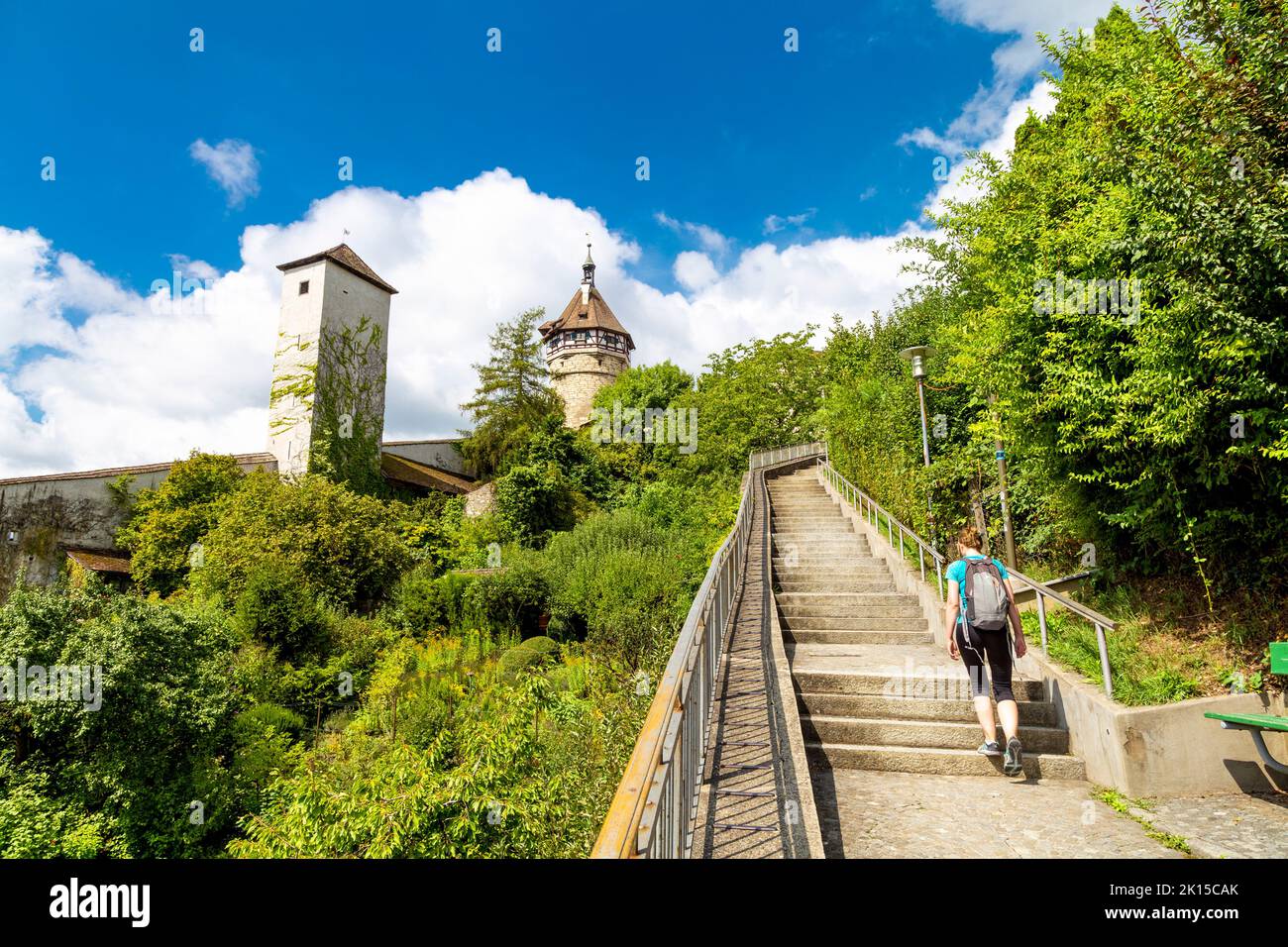 Steps leading up to circular 16th century Munot Fortress, Schaffhausen ...
