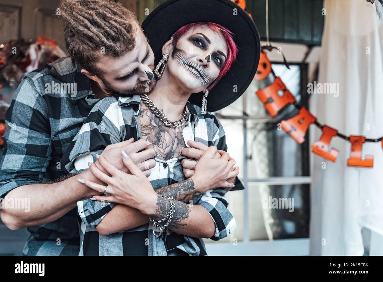 Scary love romantic family couple man,woman celebrating halloween ...