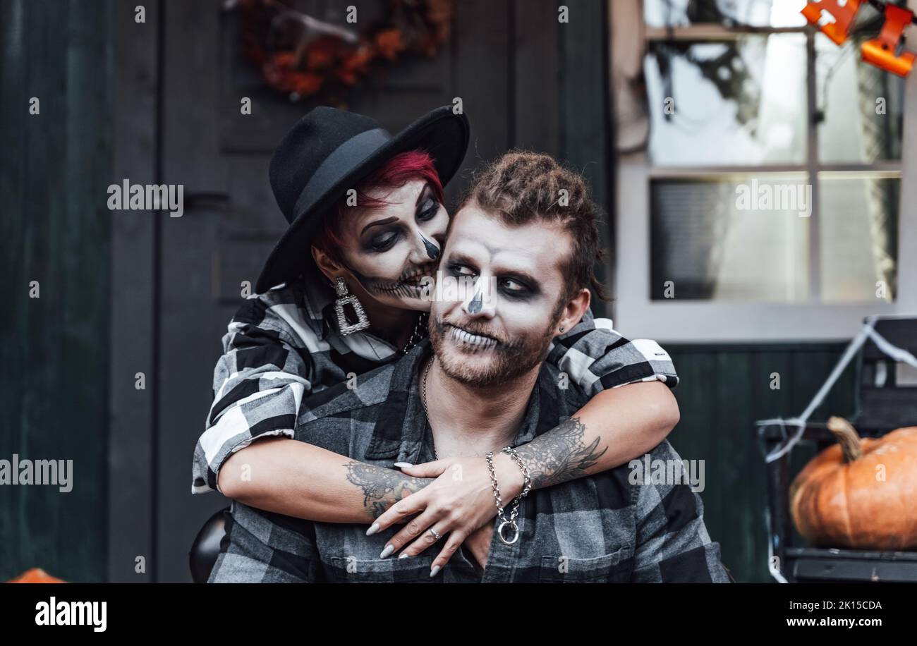 Scary love family couple man,woman celebrating halloween.Terrifying ...