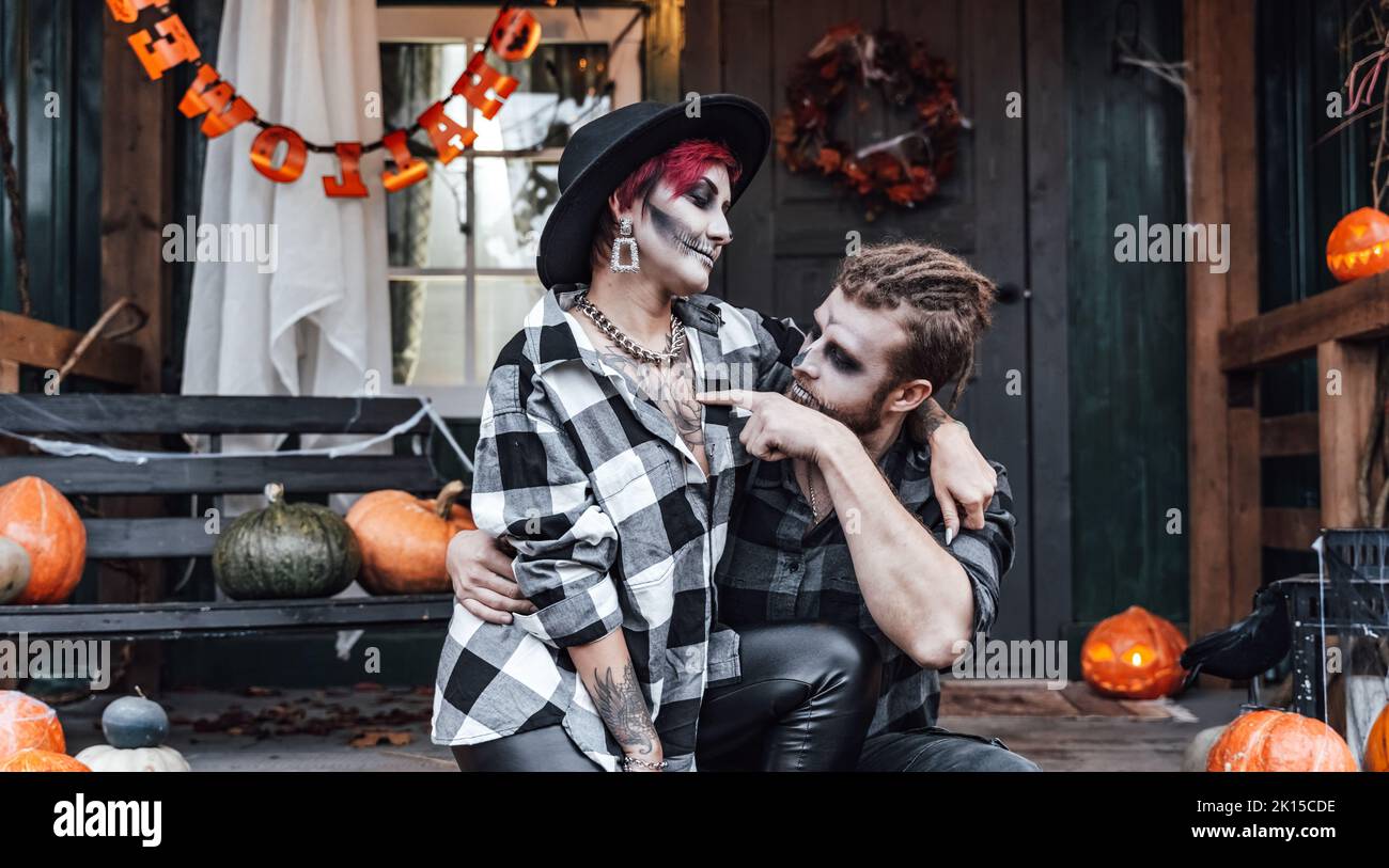 Scary love family couple man,woman celebrating halloween.Terrifying ...