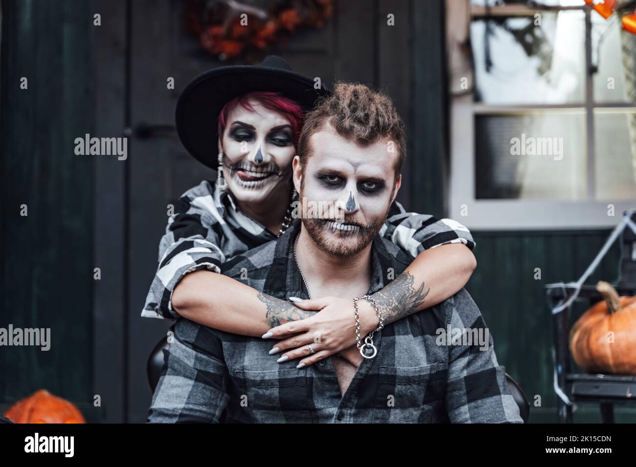 Scary love family couple man,woman celebrating halloween.Terrifying ...