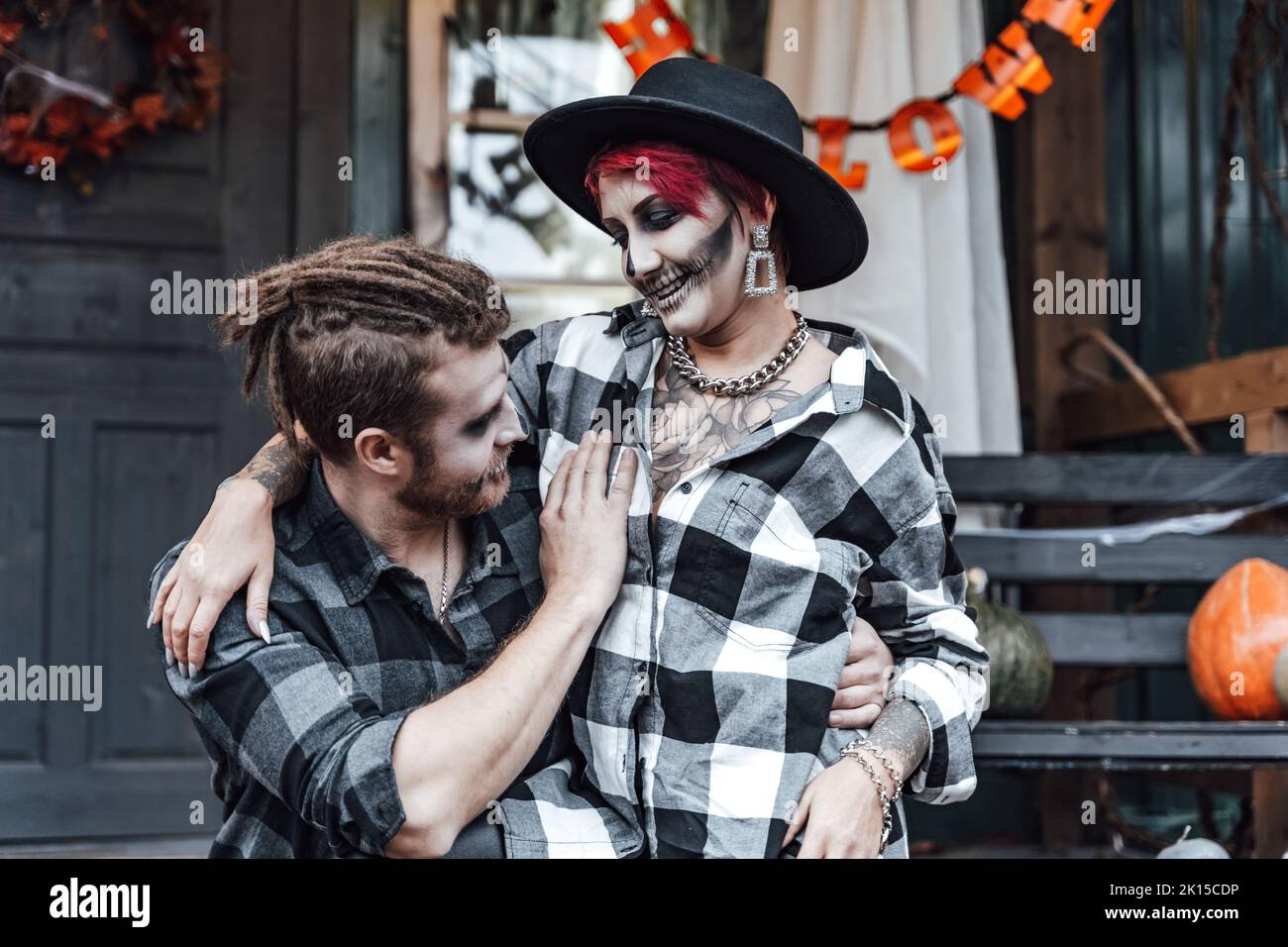 Scary love family couple man,woman celebrating halloween.Terrifying ...