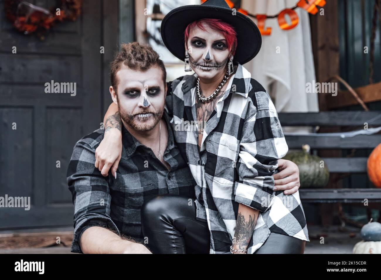 Scary love family couple man,woman celebrating halloween.Terrifying ...