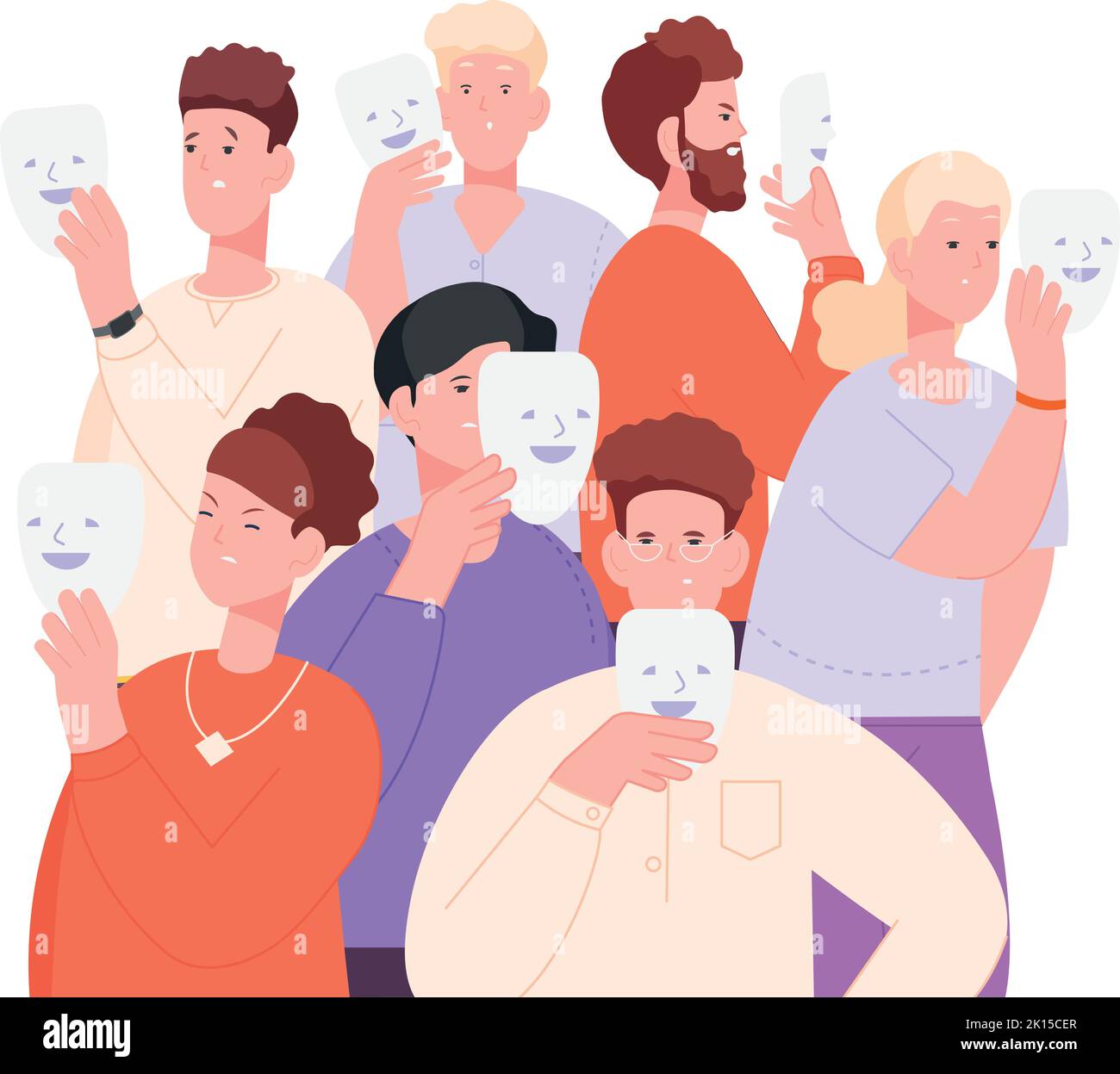 Angry people with happy face masks. Emotion disquise. Social hypocrisy ...