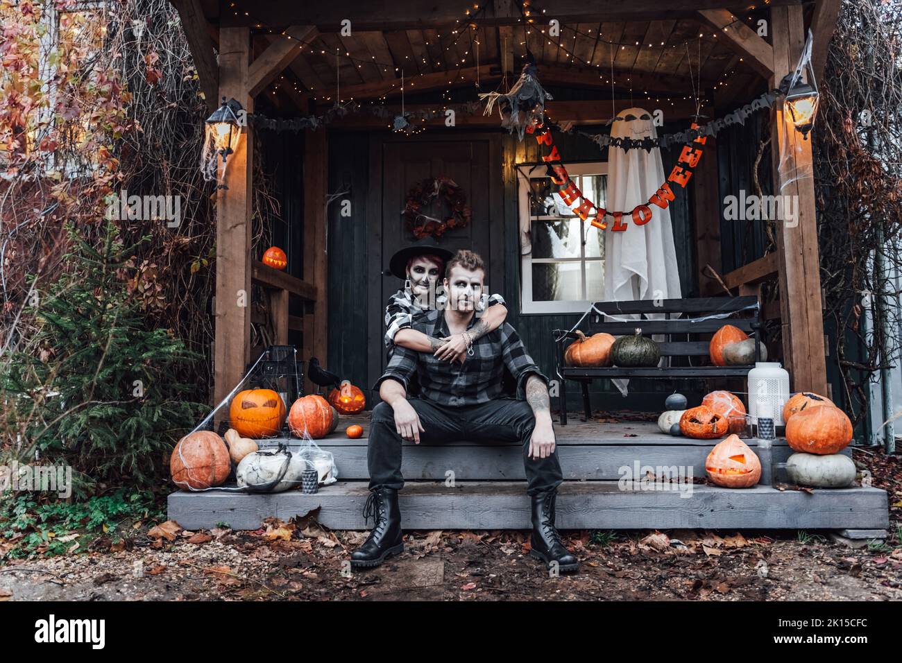 Scary love family couple man,woman celebrating halloween.Terrifying ...