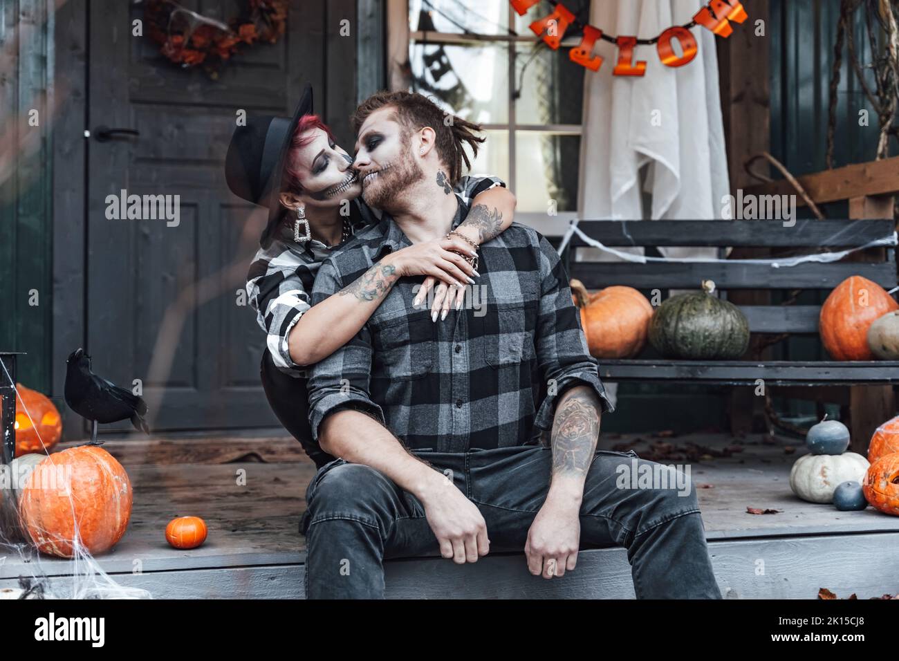 Scary love family couple man,woman celebrating halloween.Terrifying ...