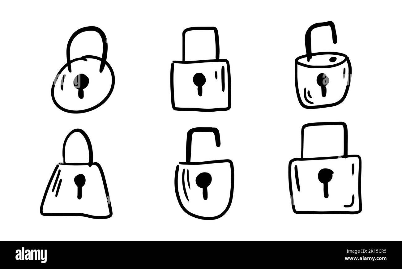 Hand drawn lock and unlock padlocks. Set of doodle protection security ...