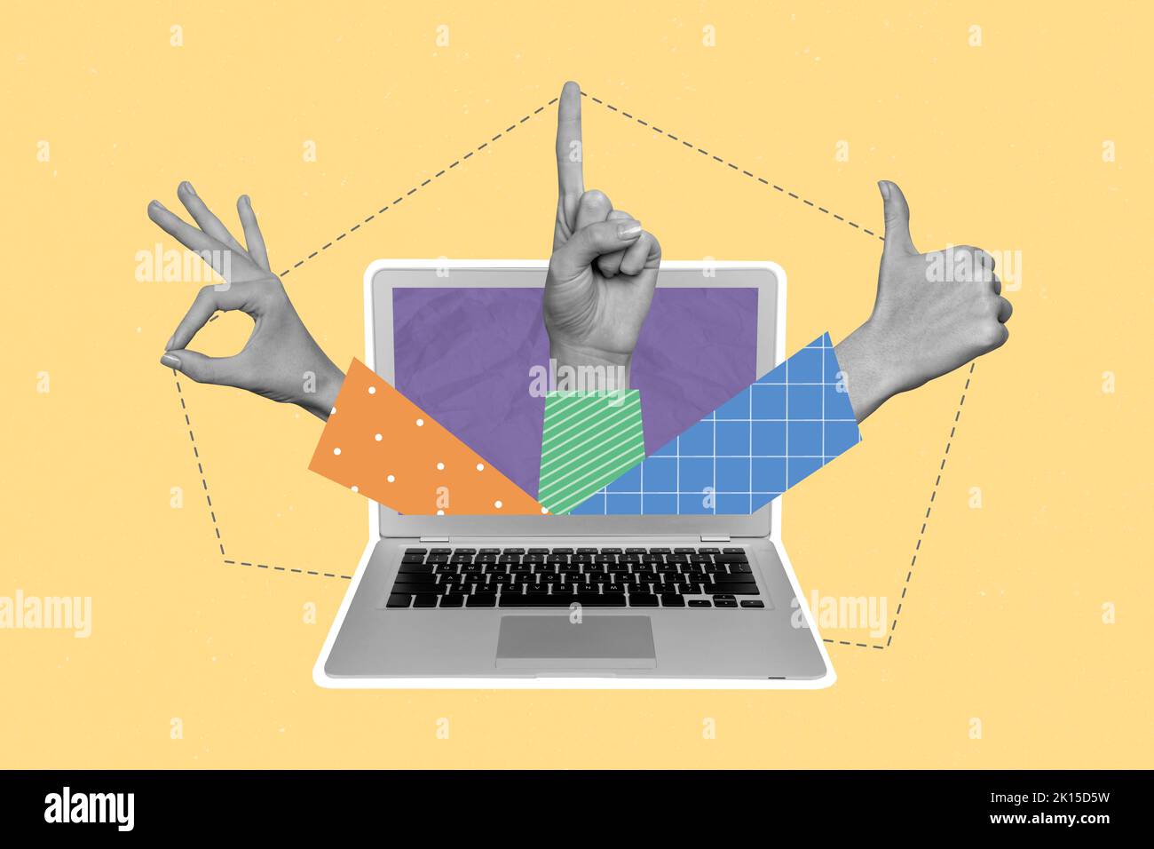 Collage 3d image of pinup pop retro sketch of laptop computer remote ...