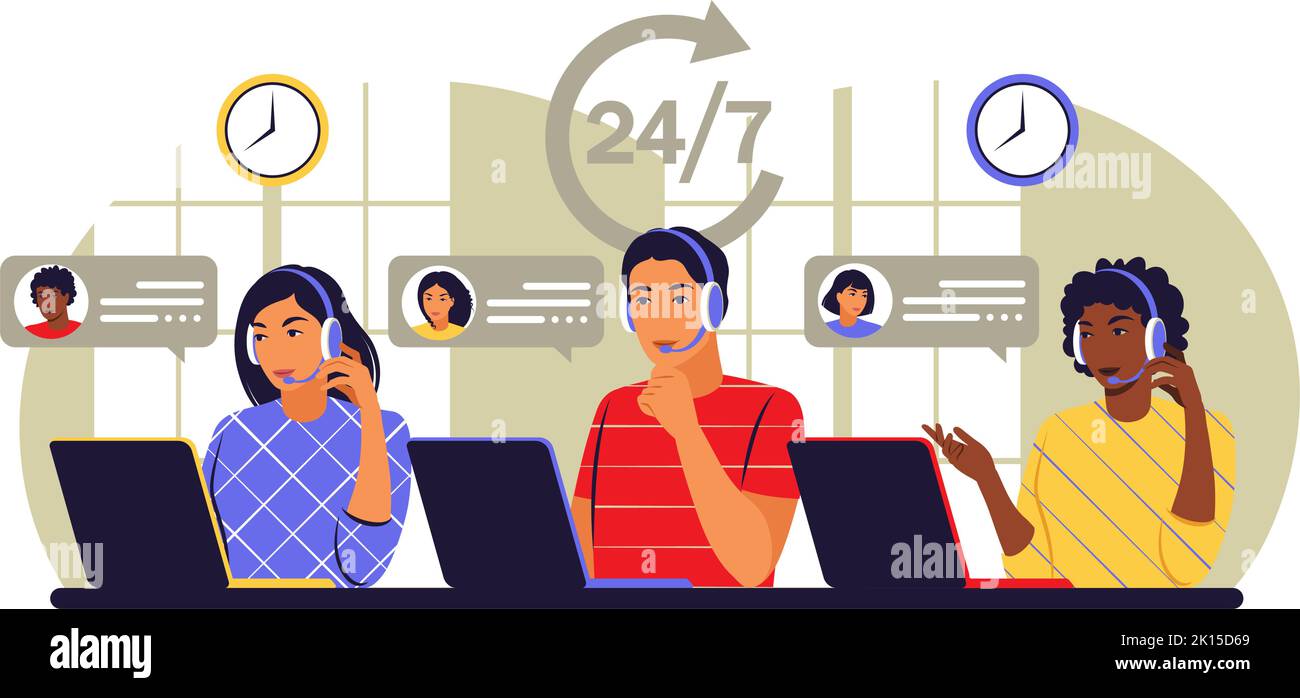 Call center concept. Operators of call center office working in ...