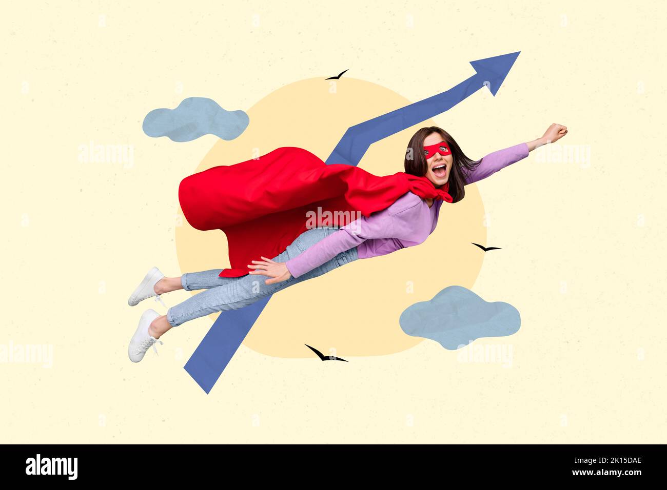 Creative 3d collage image photo poster postcard of flying super lady ...