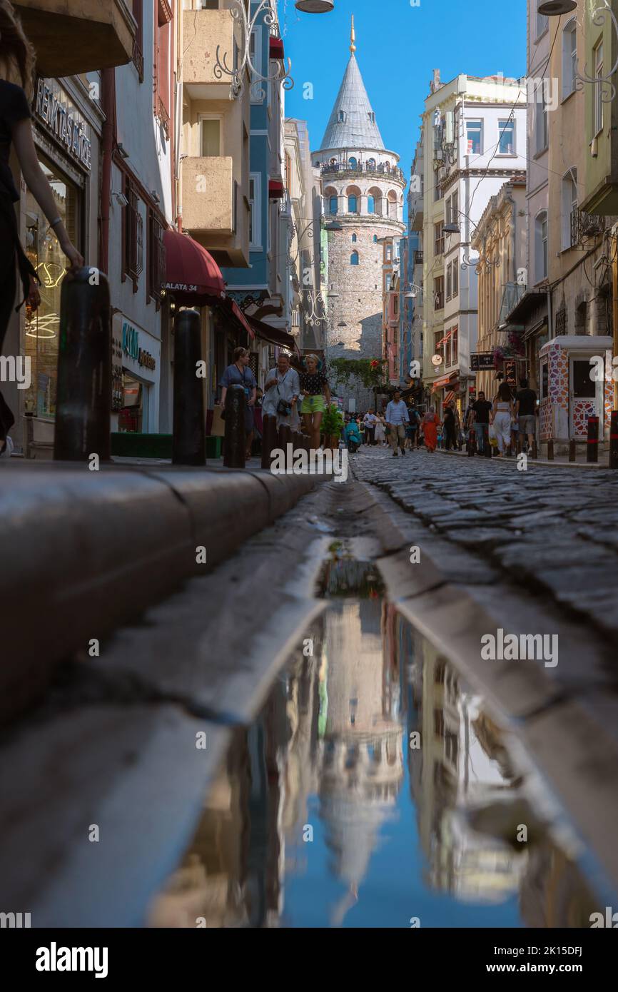 Galata Tower and reflection. Travel to Istanbul background photo. Selective focus. Istanbul ...