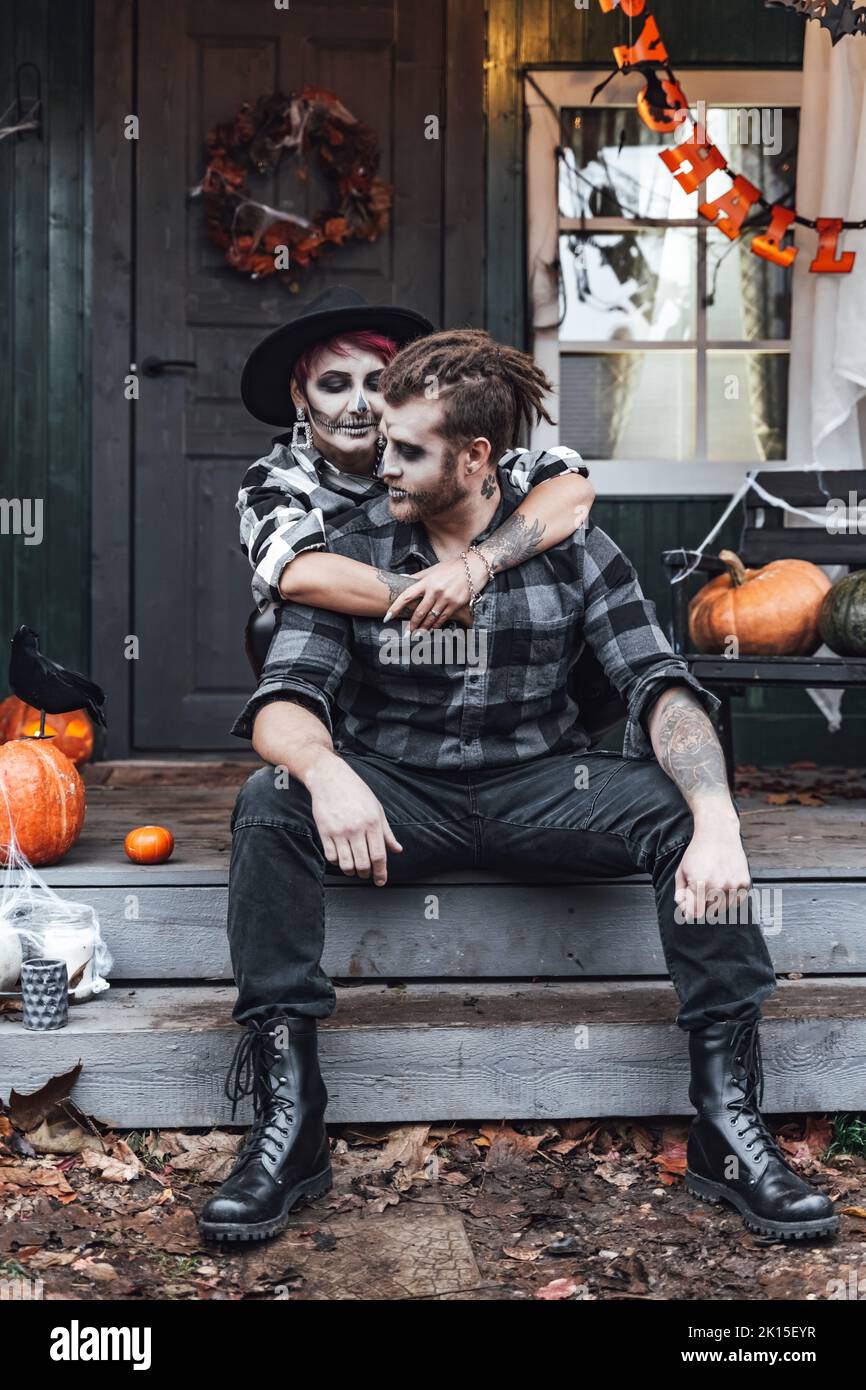 Scary love family couple man,woman celebrating halloween.Terrifying ...