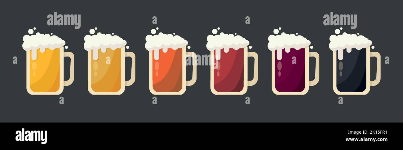 Set of 6 mugs of different types of beer - Vector illustration Stock ...
