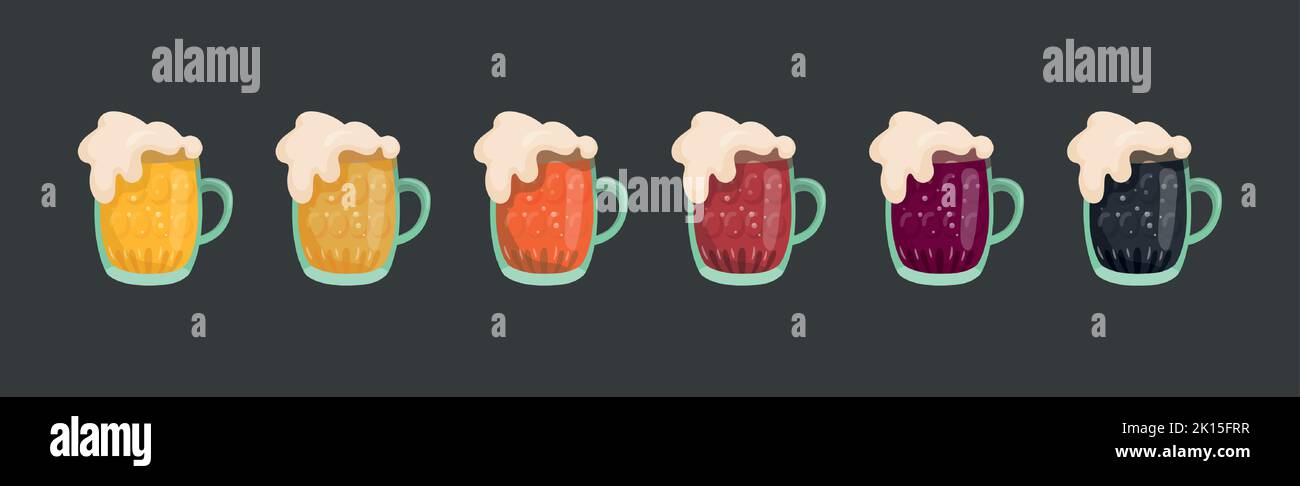 Set of 6 mugs of different types of beer - Vector illustration Stock ...