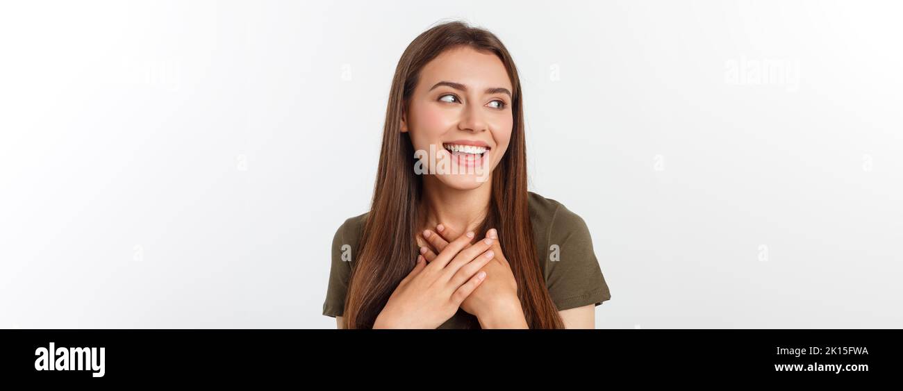 Portrait joyful outgoing woman likes laugh out loud not hiding emotions ...