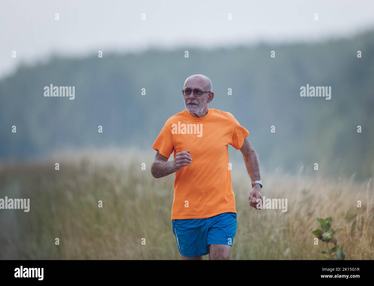 Healthy senior man jogging in nature. Sport and recreation in mature ...