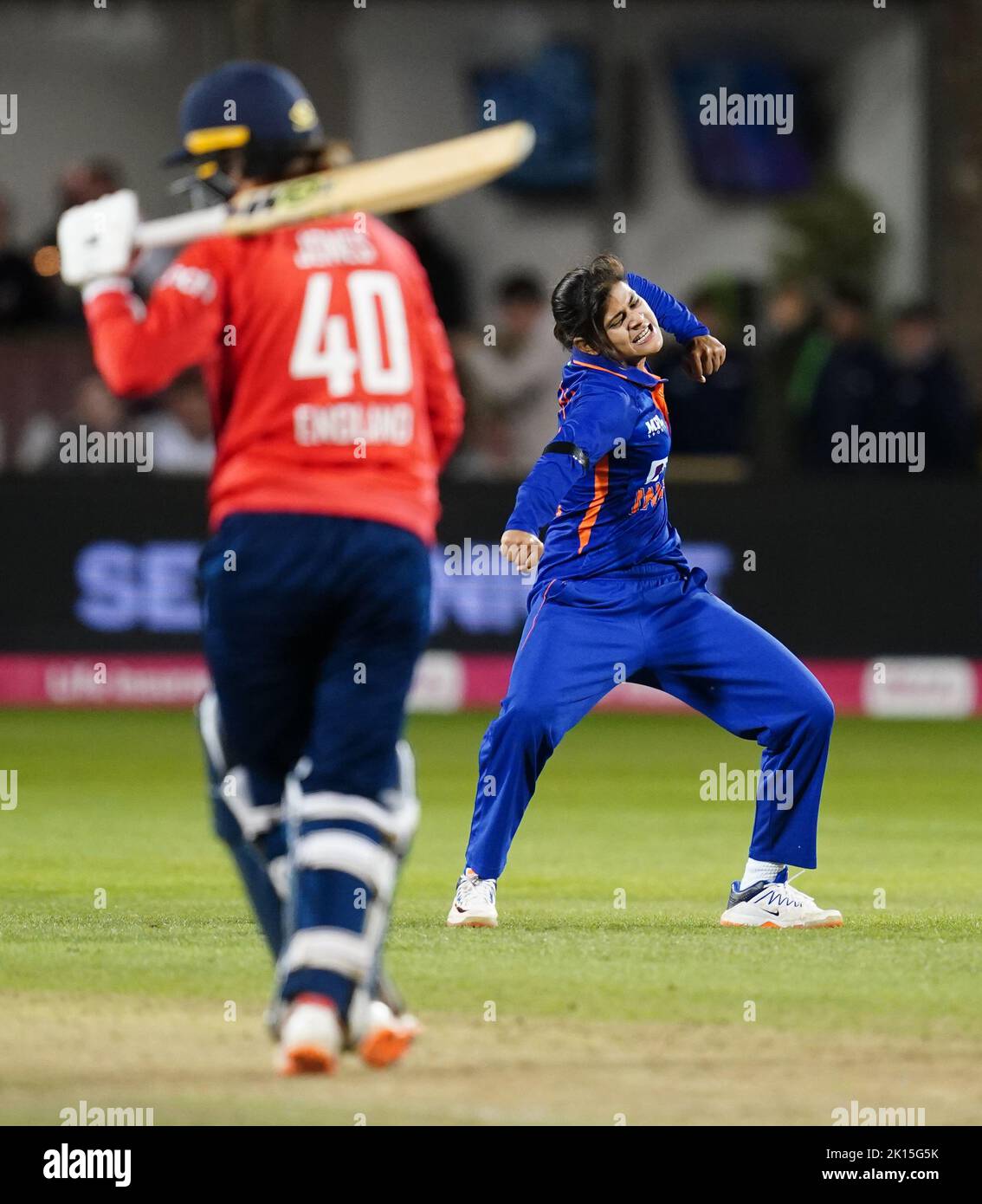 India's Radha Yadav celebrates taking the wicket of England's Amy Jones ...