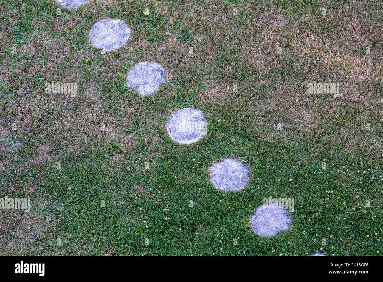 Top view of round concrete blocks for garden path on lawn. Landscaping ...