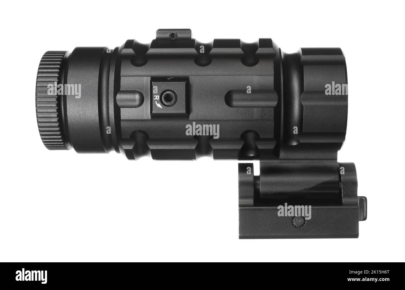 Side view of a rifle sight magnifier isolated on a white background ...
