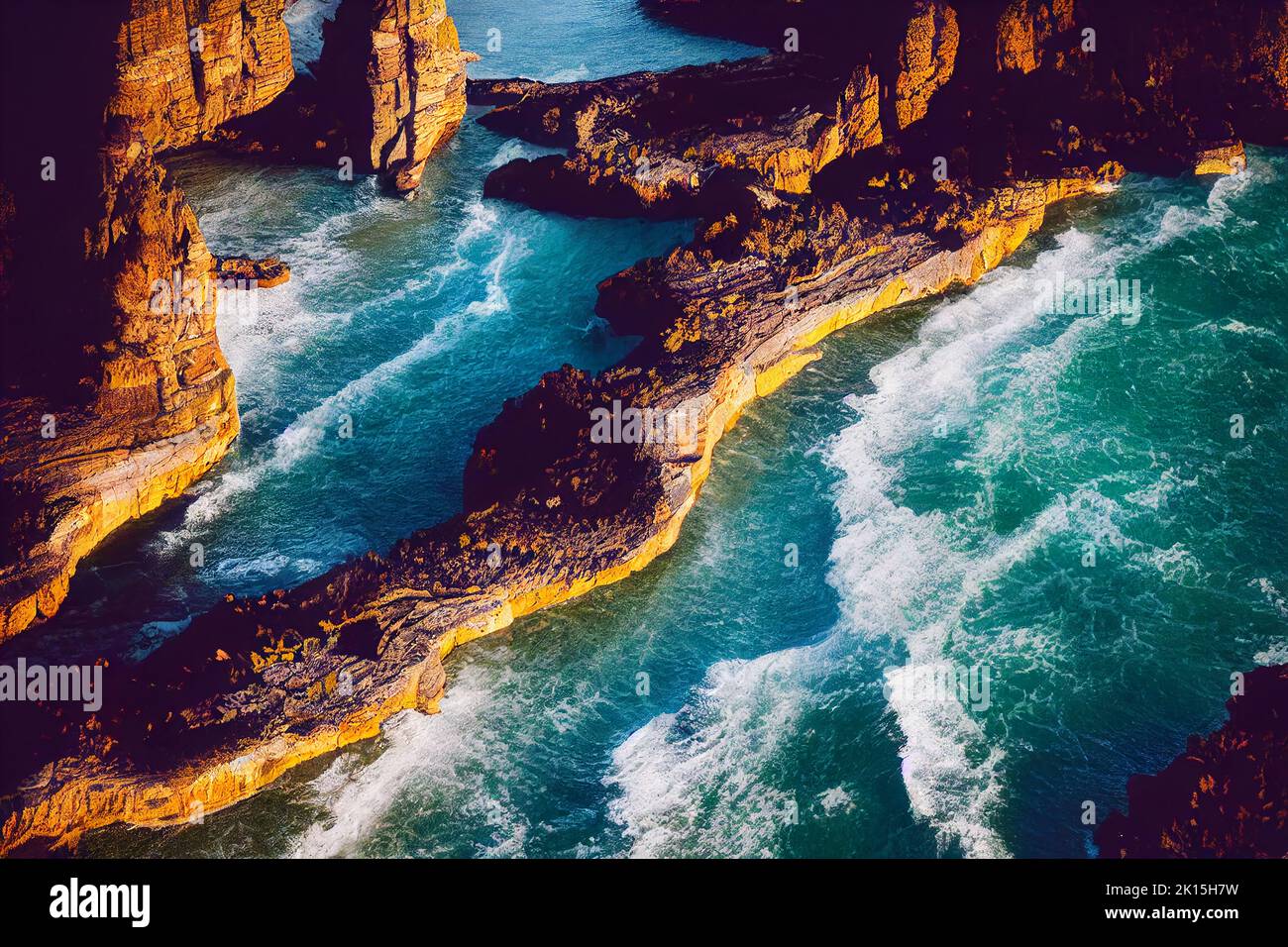 A bird's eye view of a water passage between tall cliffs Stock Photo ...