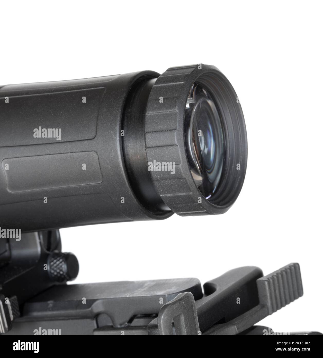 Adjustable diopter on a red dot sight magnifier mounted on a rifle ...